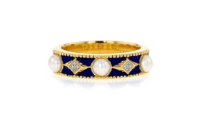 3.5-4mm Cultured Button Pearl Ring with Blue Enamel and Diamonds in ...