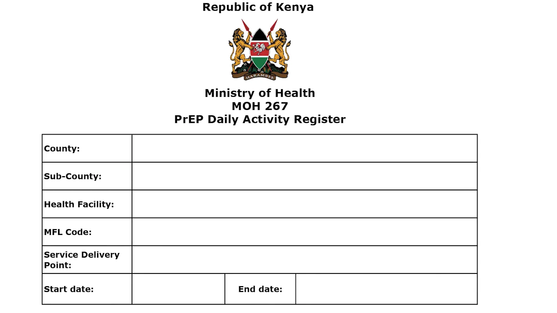 PrEP Daily Activity Register