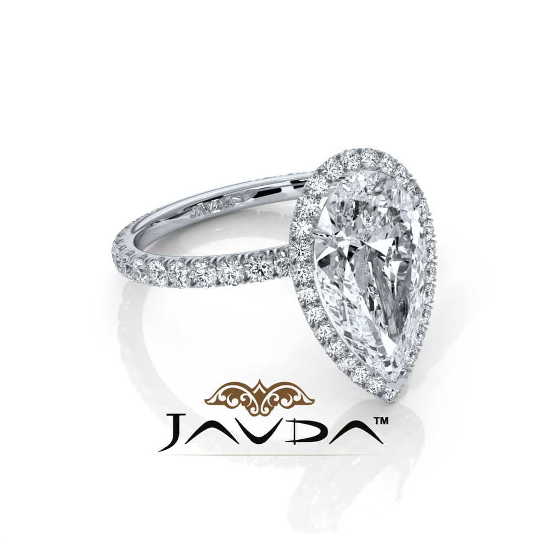 French U Pave Halo Pear Diamond Engagement Ring 14k White Gold on Vimeo