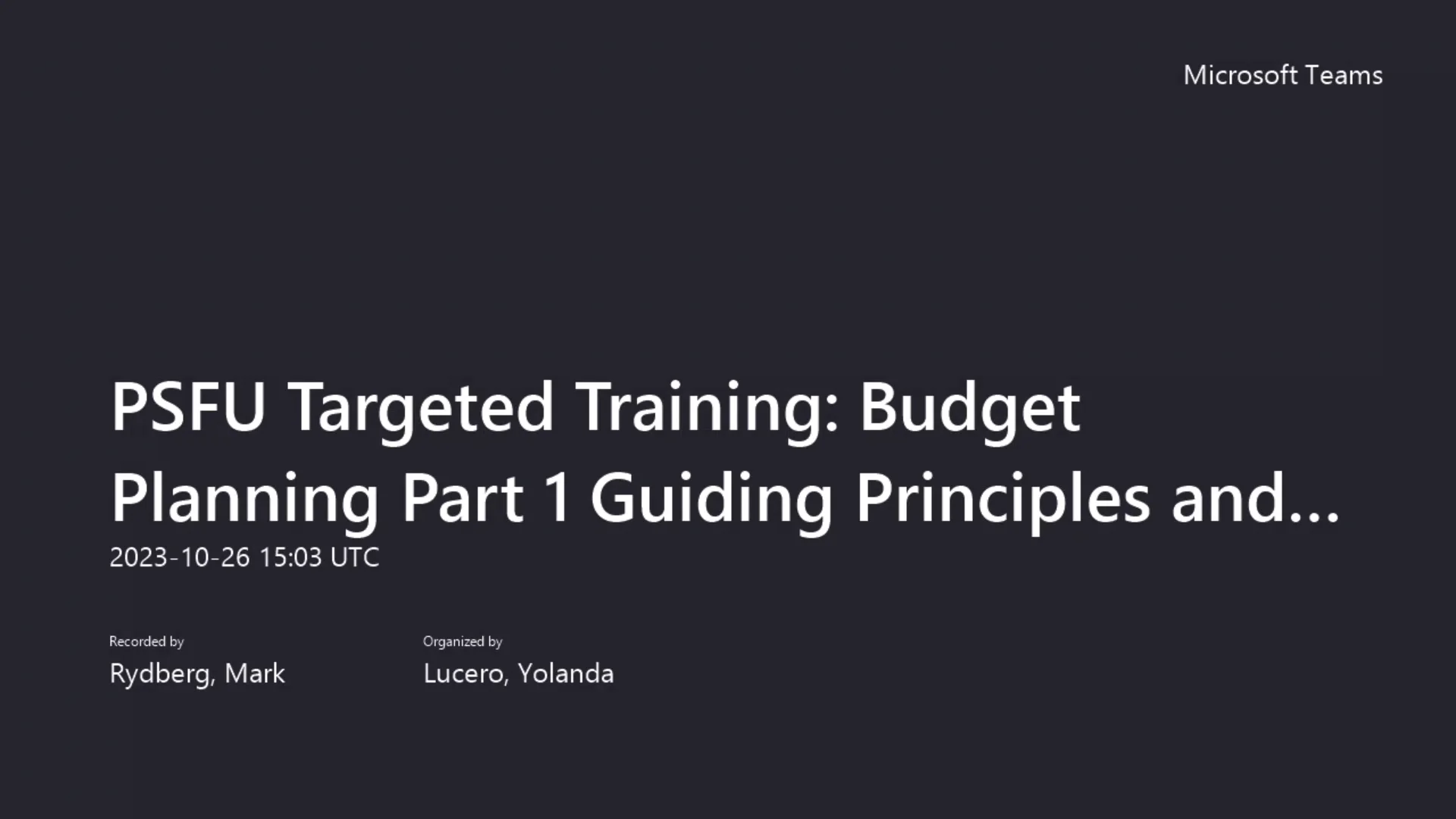 PSFU Targeted Training - Budget Planning Part 1 Guiding Principles and ...