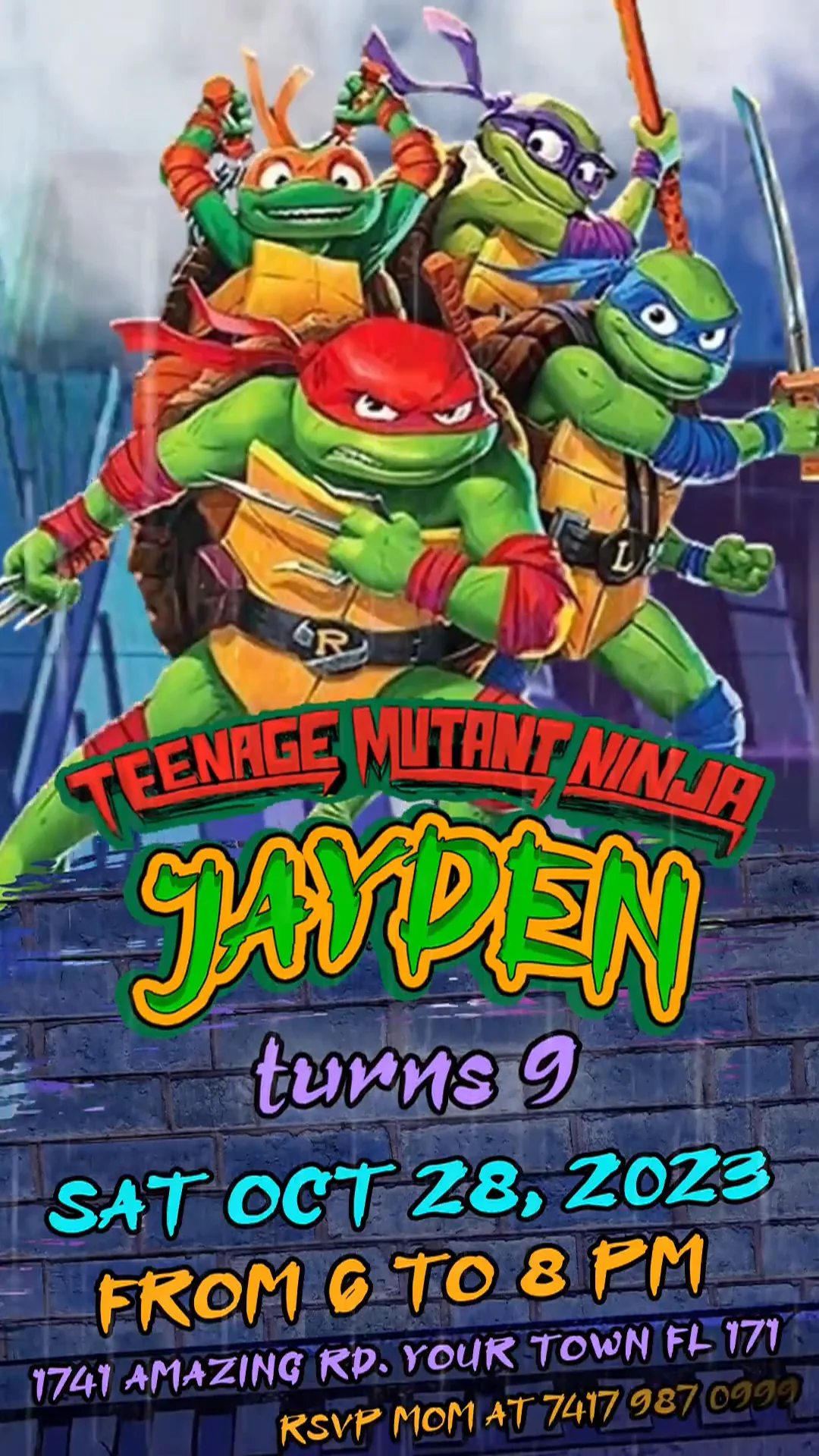 Ninja Turtle Birthday Party Invitation Teenage Mutant Ninja Turtles