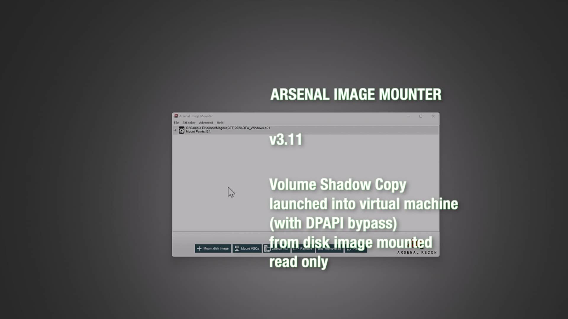 Arsenal Image Mounter v3.11 - VSC Launched into VM from Forensic Image Mounted Read Only on Vimeo
