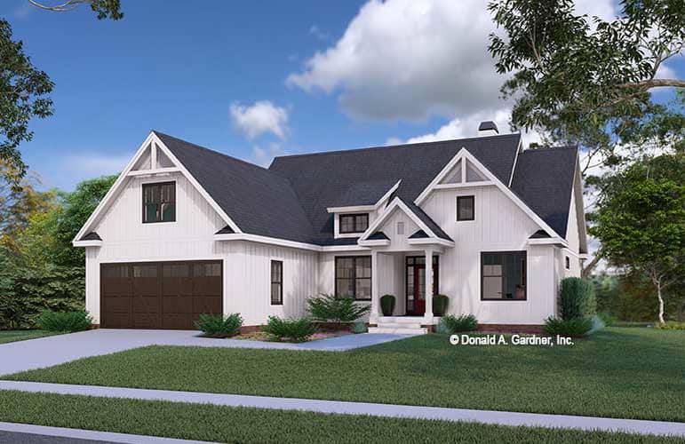 Modest house plan with a modern farmhouse façade and three bedrooms ...