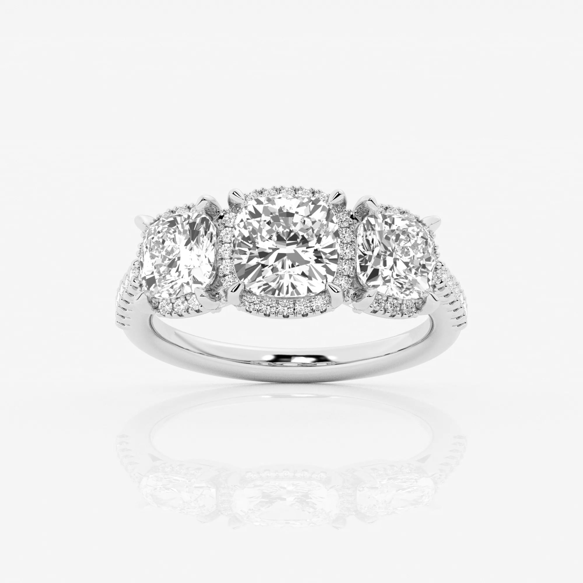 2 7/8 ctw Cushion Lab Grown Diamond Shadow Halo Three Stone Engagement ...