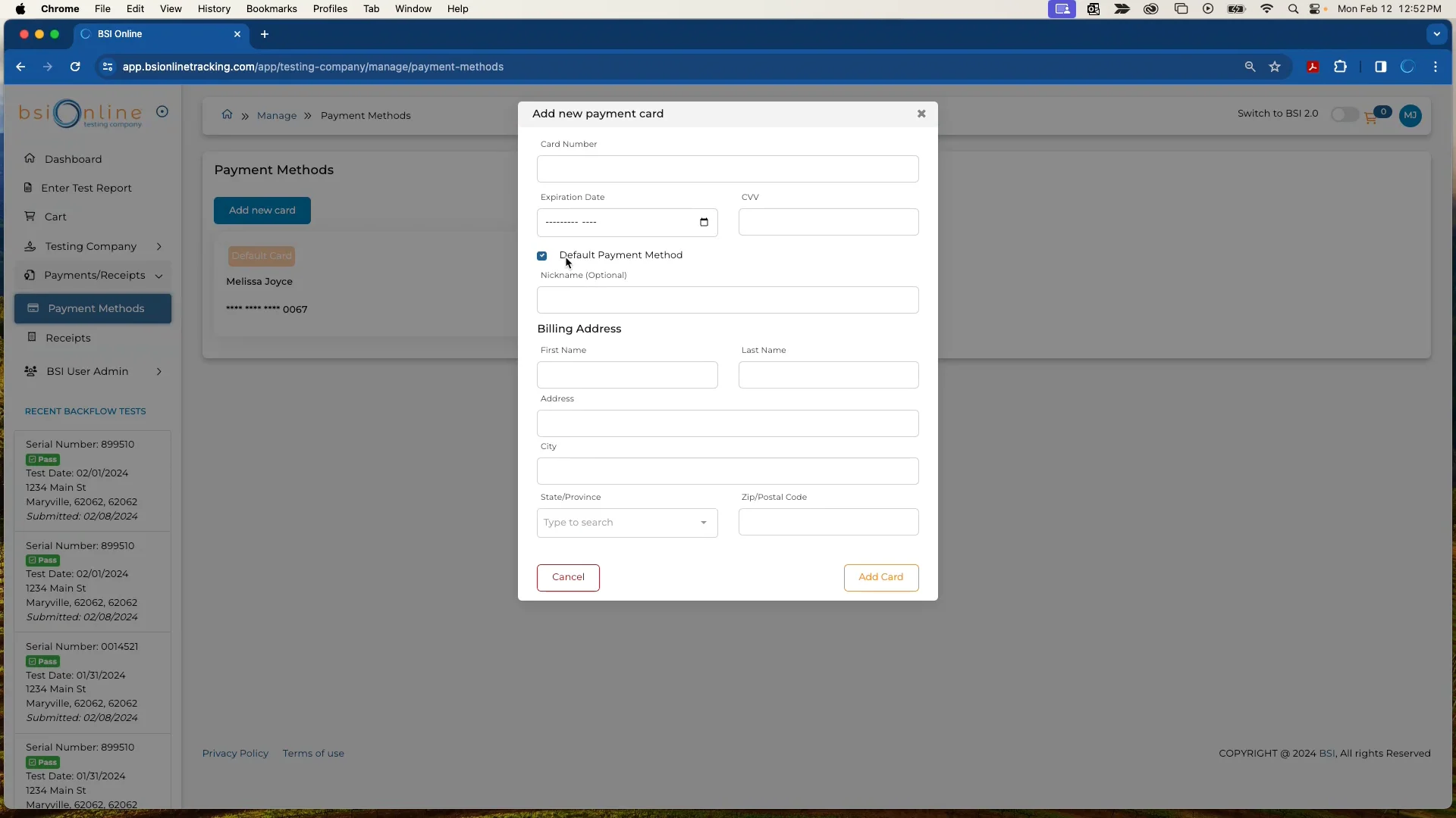 Add New Card to Tester Profile