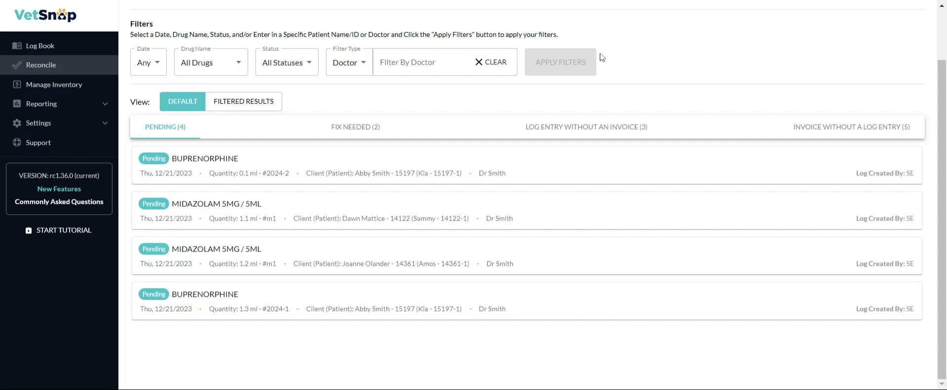 Reconciliation - Pending Logs