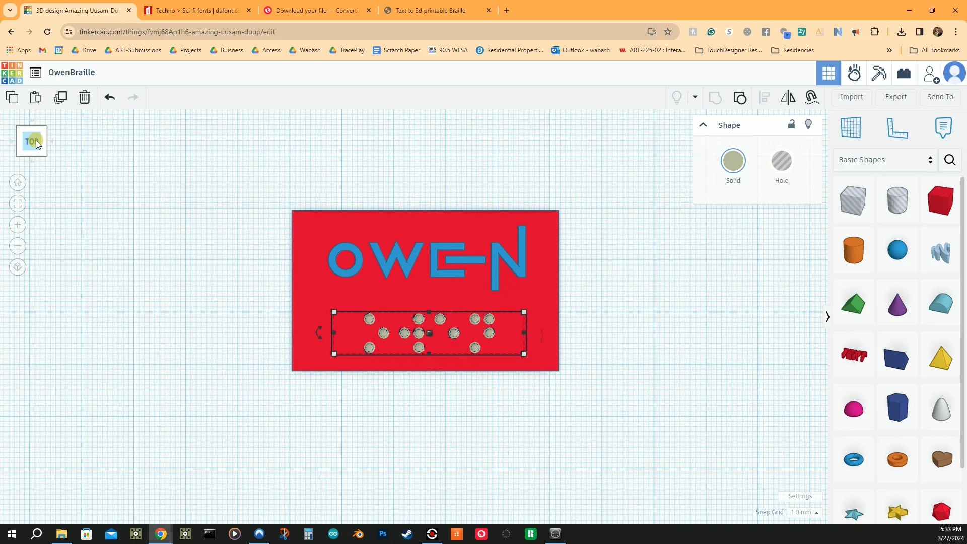 Wabash - Designing 3D print Braille Magnets in Tinkercad