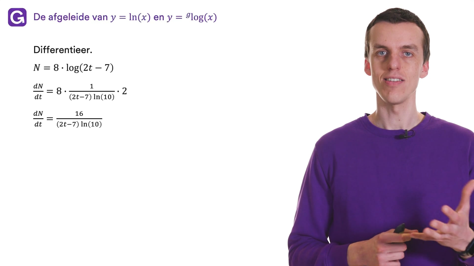 De afgeleide van y = ln⁡(x) en y = g log⁡(x) oefenen | StudyGo