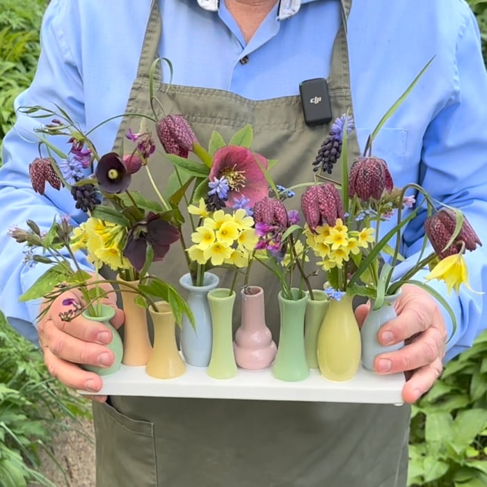 Aflang vaser i flok - 10 vaser. Pastelfarvede B: 6 cm H: 11 cm L: 30 cm | Claus Dalby