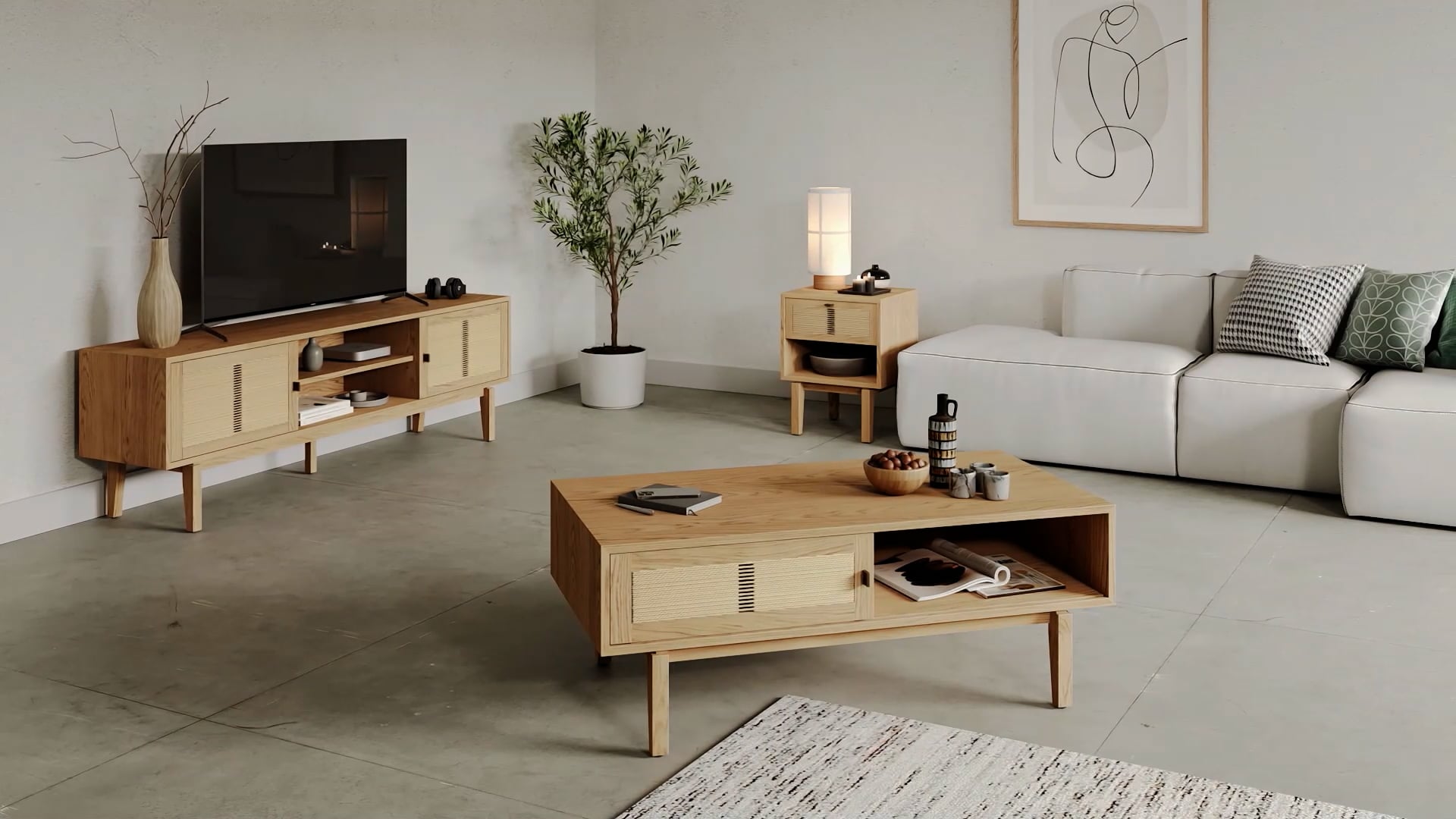 Lucas Coffee Table, Oak and Natural Woven Cord - Beach Style - Coffee ...