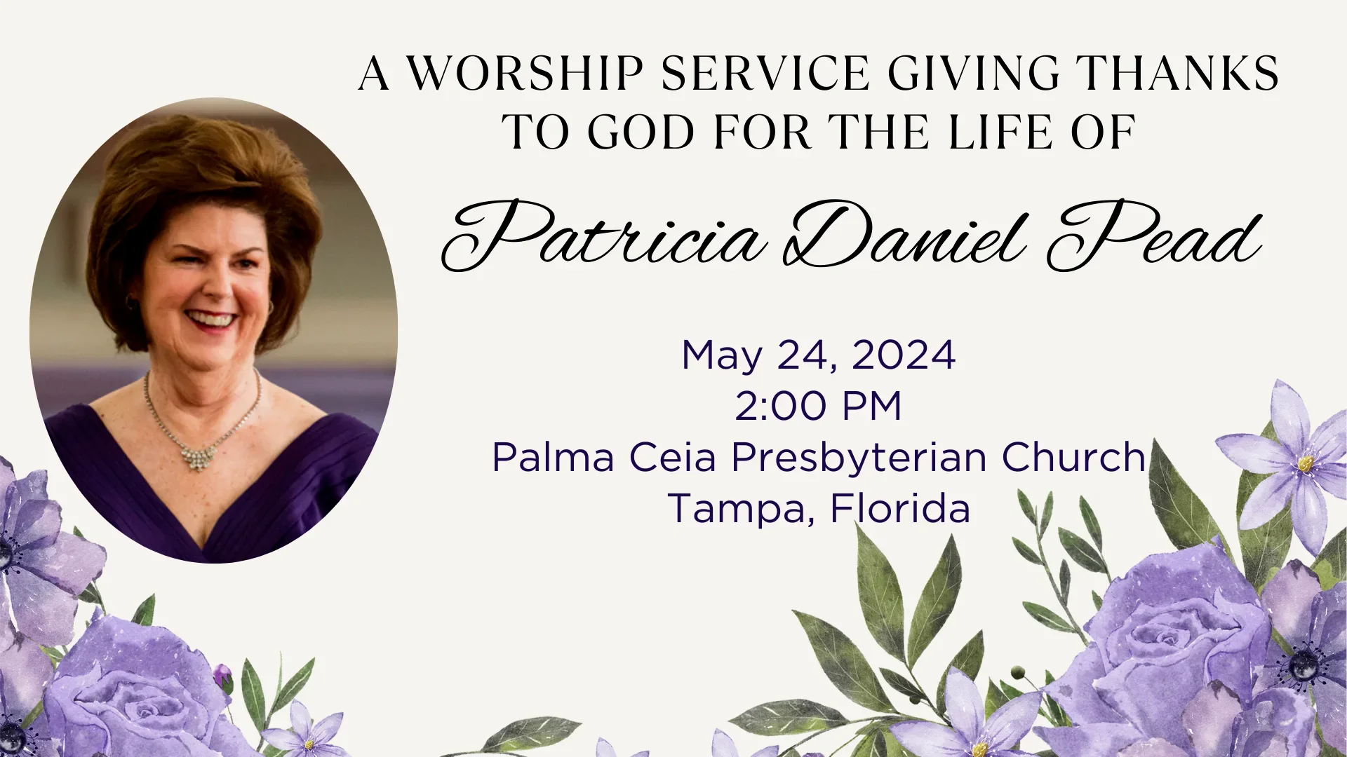 Memorial Service for Patricia Pead: May 24, 2024 at Palma Ceia ...
