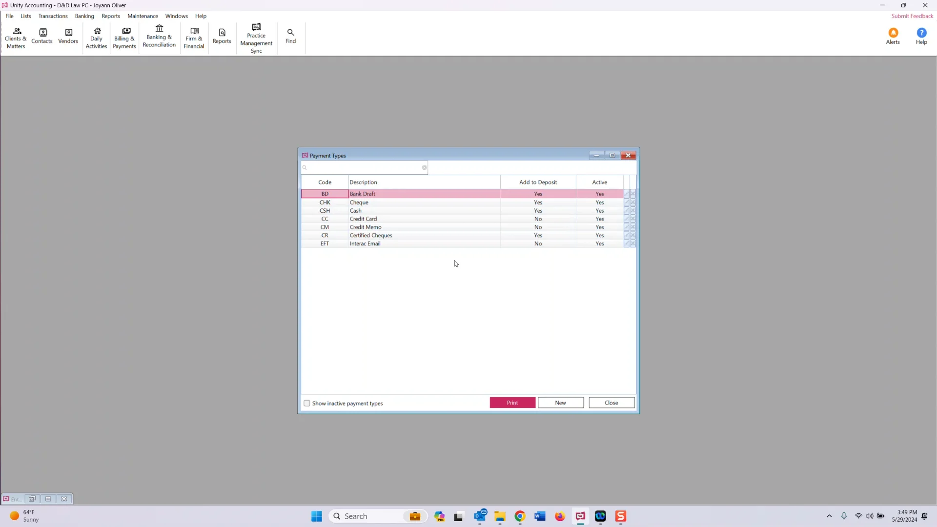 Lists - Payment Types (Adding or editing payment types)