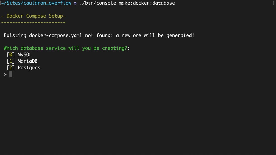 make:docker:database > Doctrine, Symfony & the Database | SymfonyCasts make:docker:database > Doctrine, Symfony & the Database | SymfonyCasts