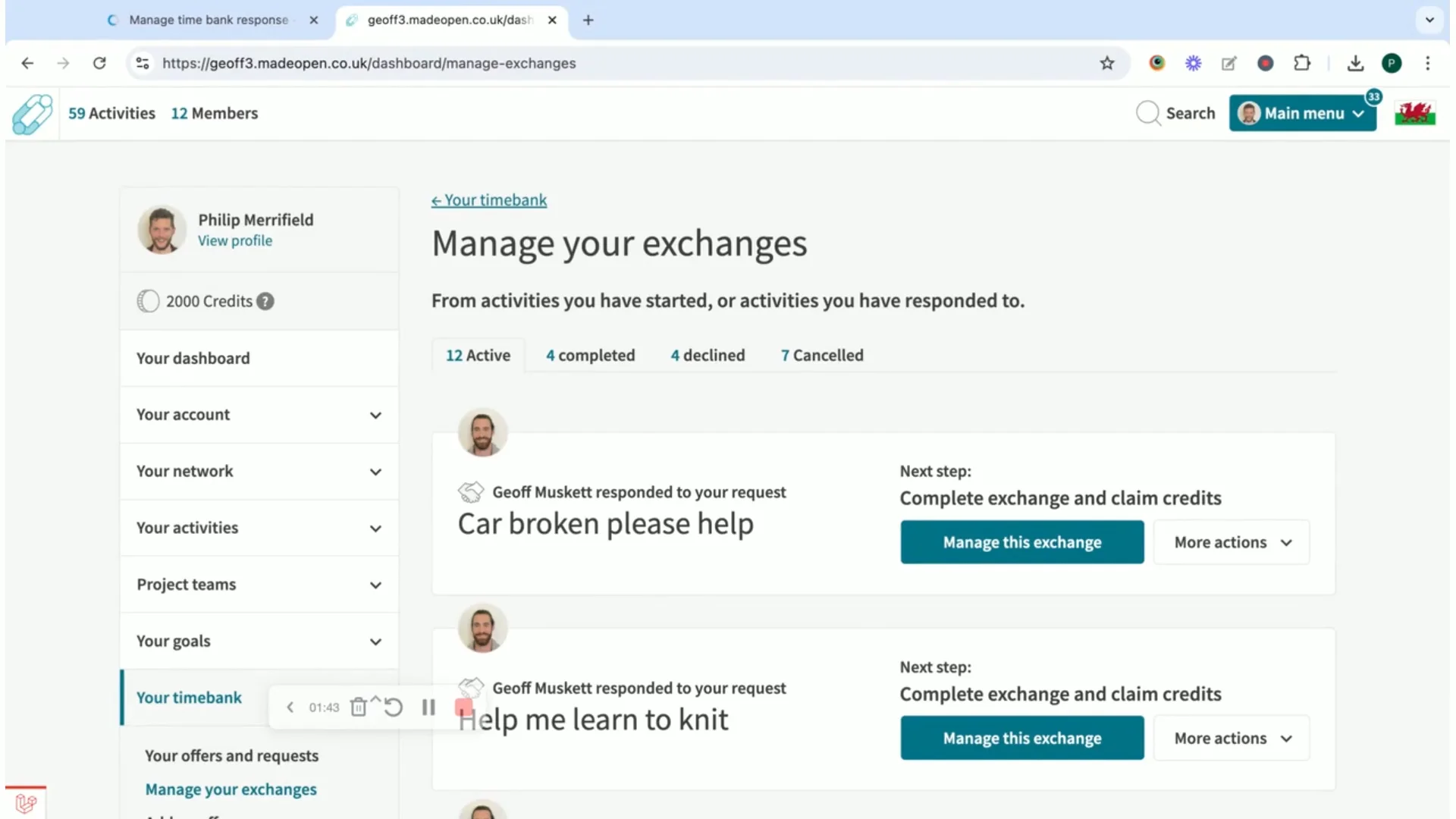 New interface managing timebank exchanges