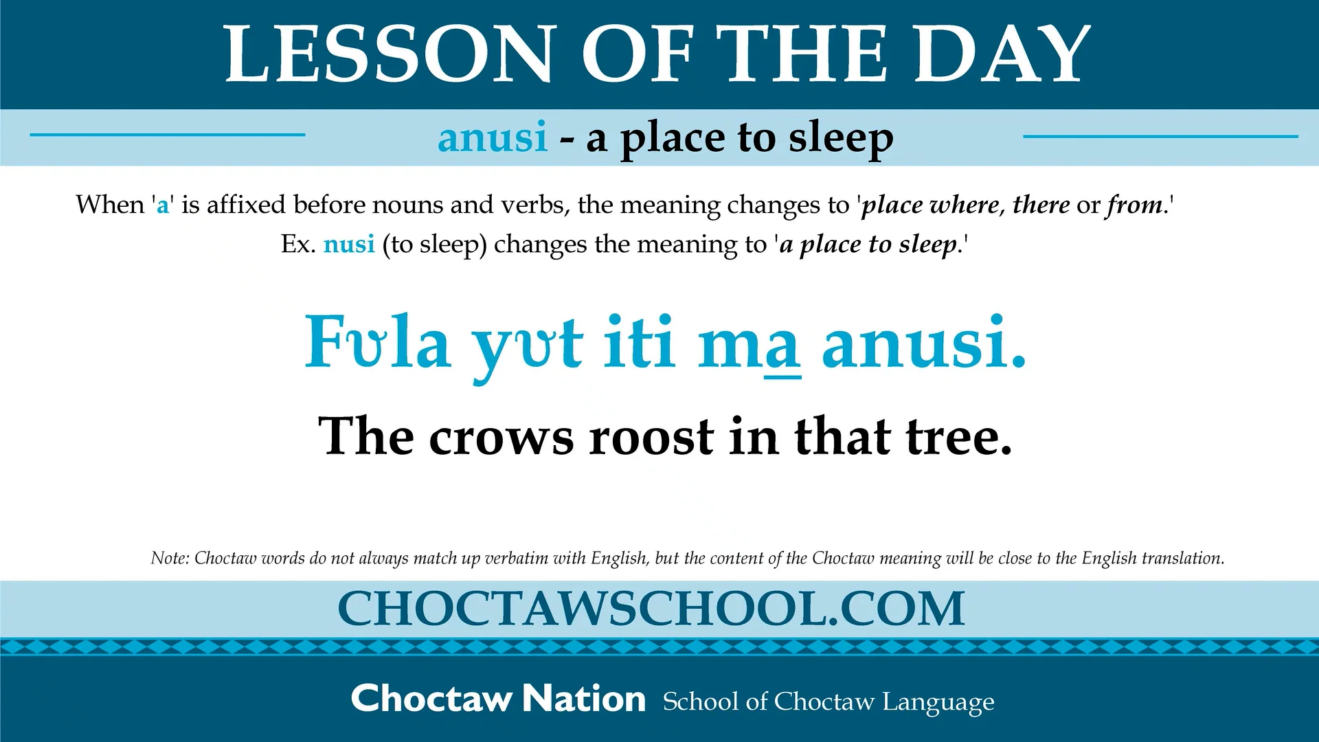 Lesson of the Day: anusi - place to sleep (roost)