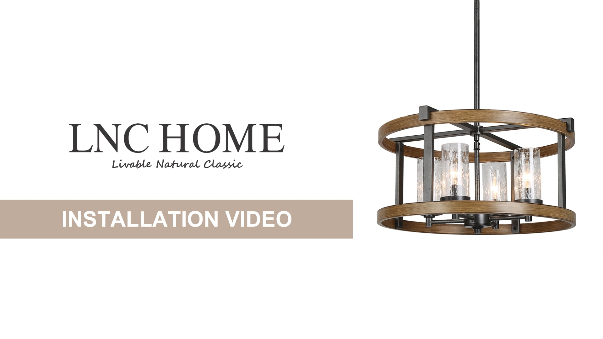 LNC 4-Light Farmhouse Wood Drum With Seeded Glass Shade Chandelier ...