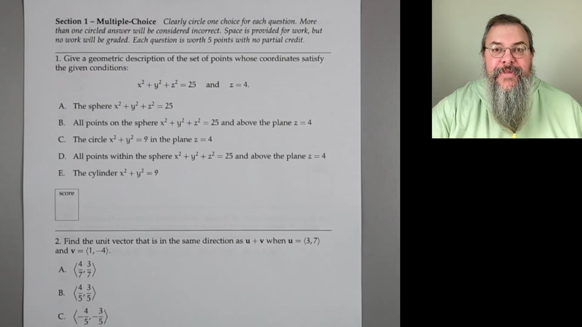 Calc 3, Exam 1 walkthrough (Fall 2024)