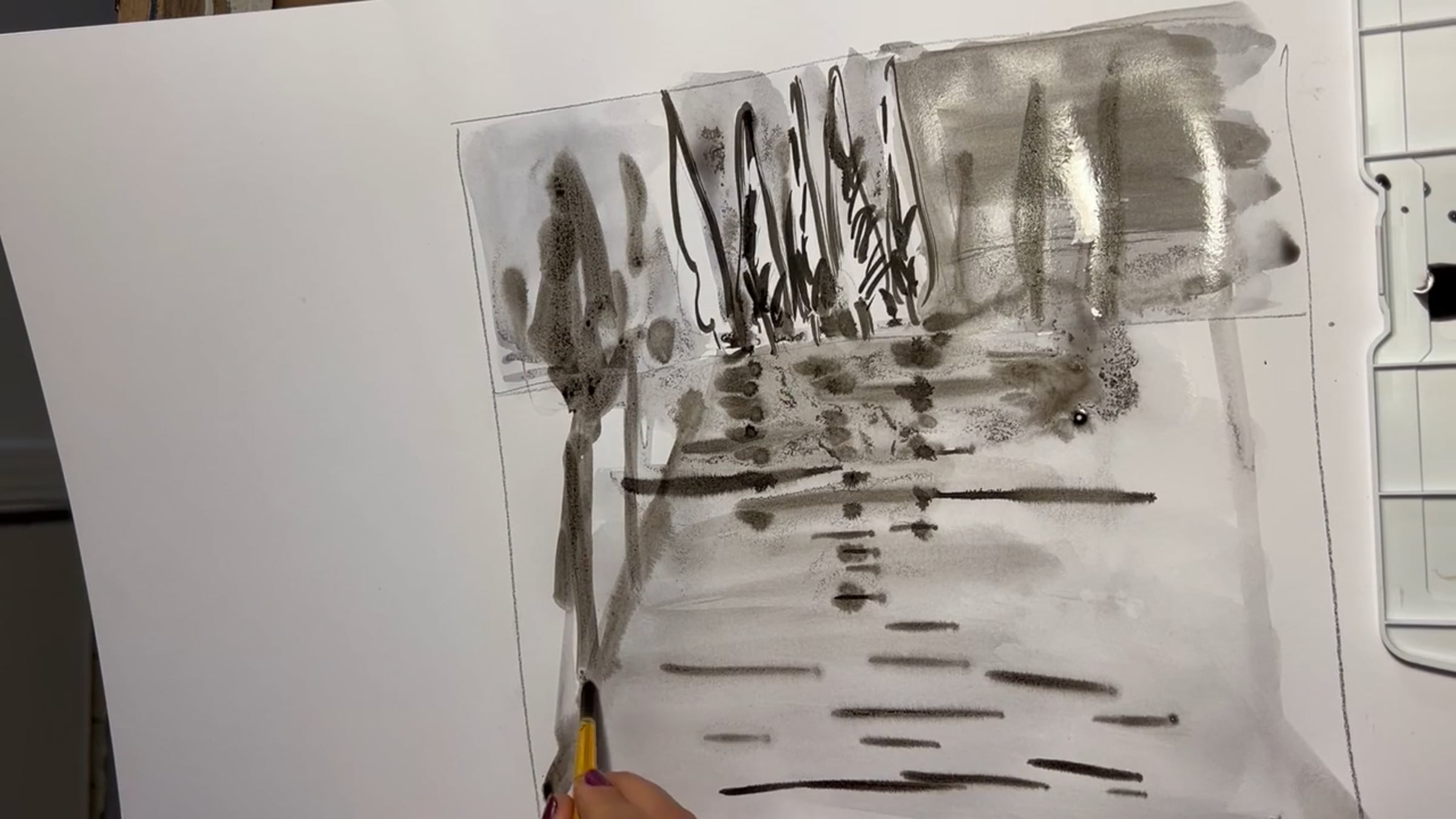 ink drawing/ showing the reflection of trees in the water