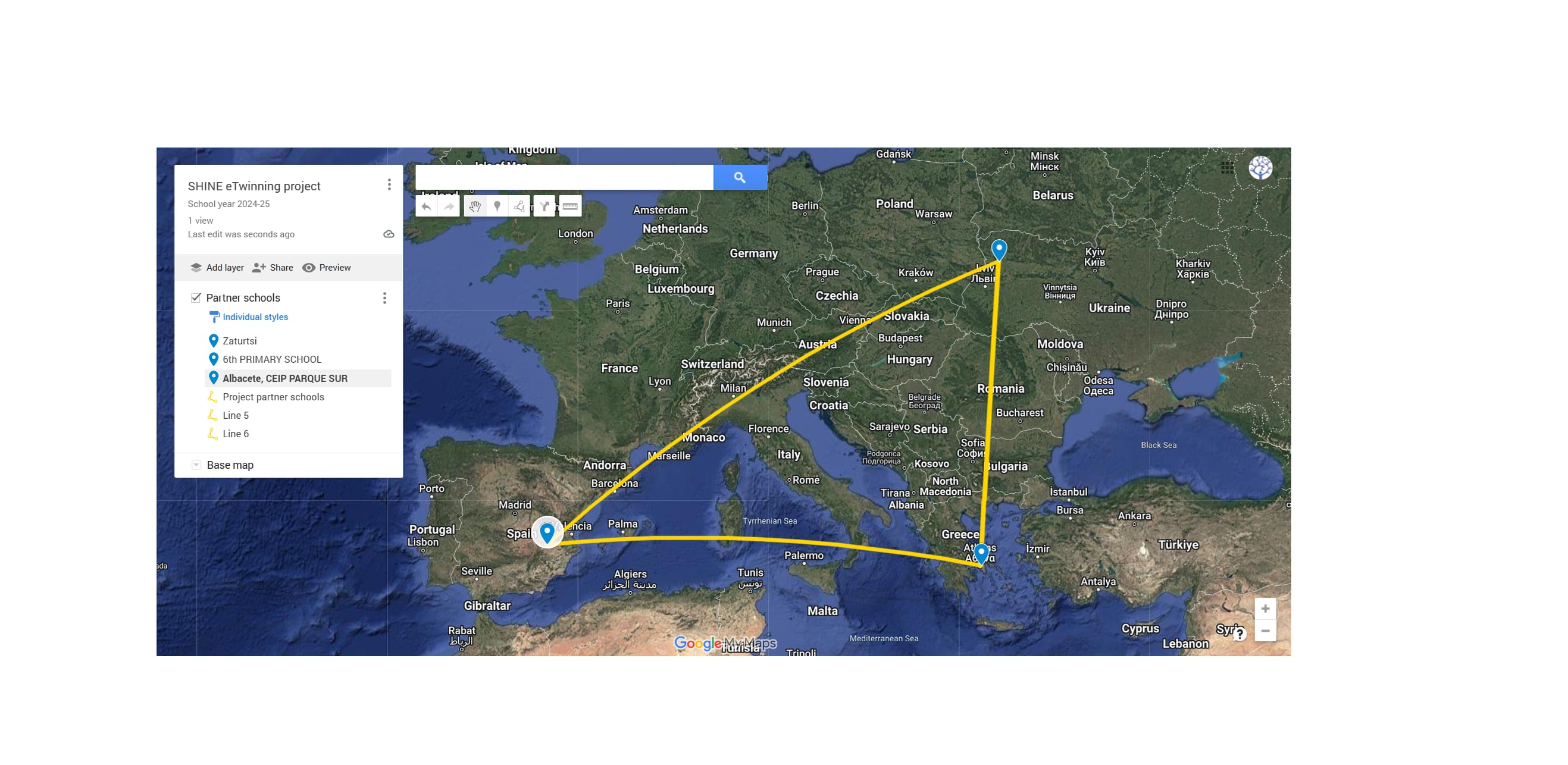 map of SHINE eTwinning project 2024-25