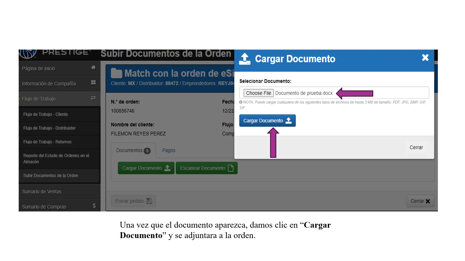 Cómo subir un documento Match to Order.