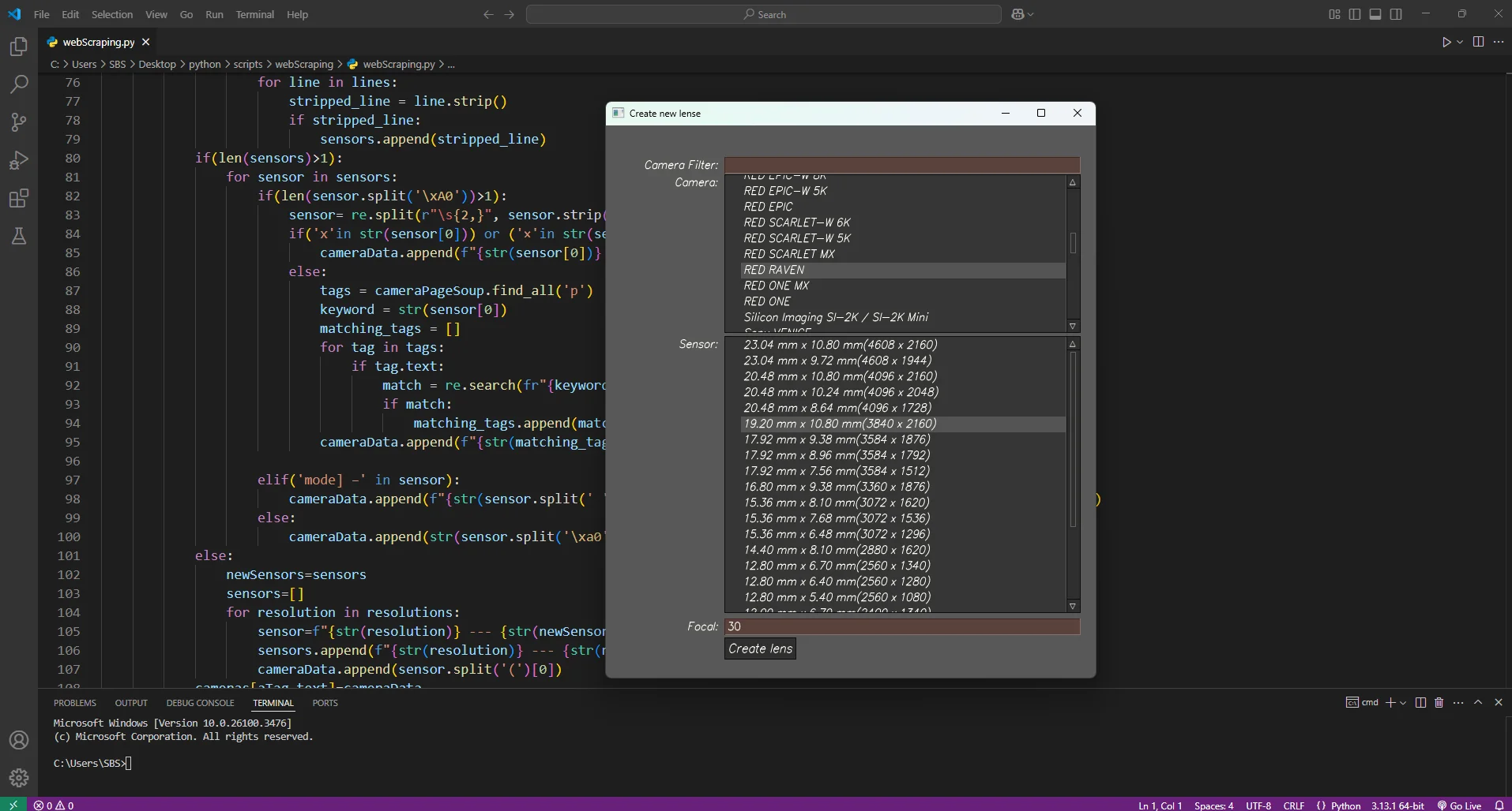Python, BeautifulSoup & SQLite: Web scraping and automated lens setup in 3DEqualizer