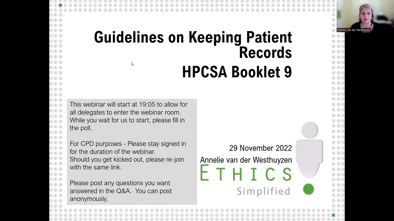 HPCSA Guidelines on the Keeping of Patient Records · CPD points & talks ...