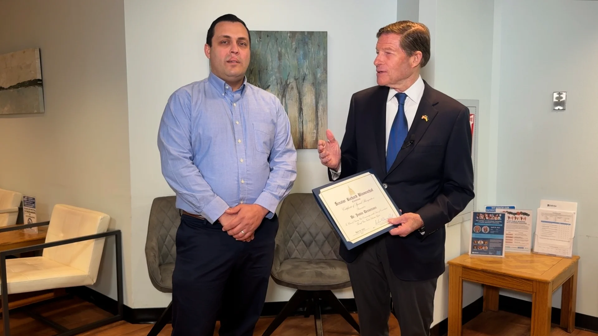 U.S. Senator Richard Blumenthal honors Dr. Justin Dessereaux