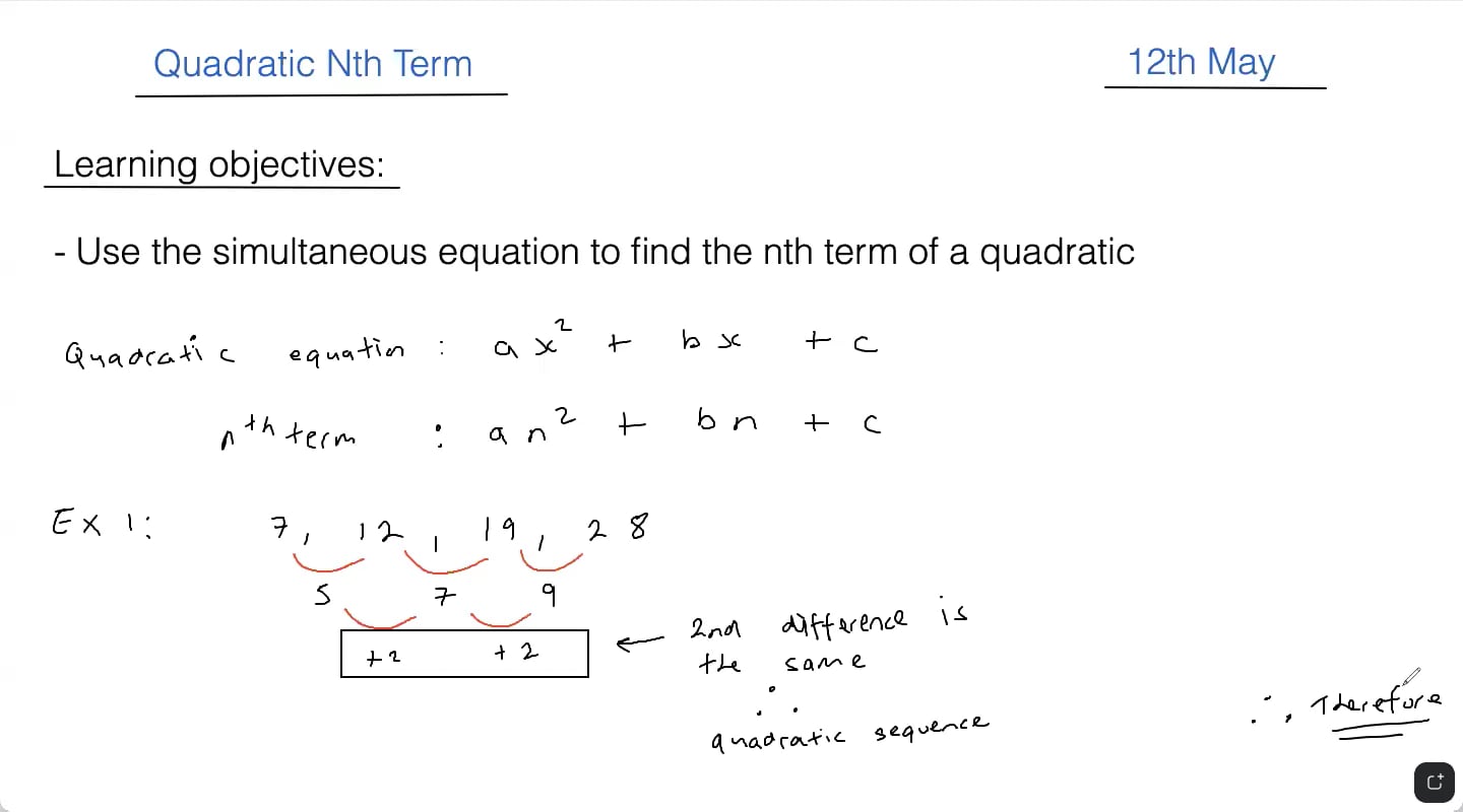 1) Quadratic Nth term (Simultaneous Equation)