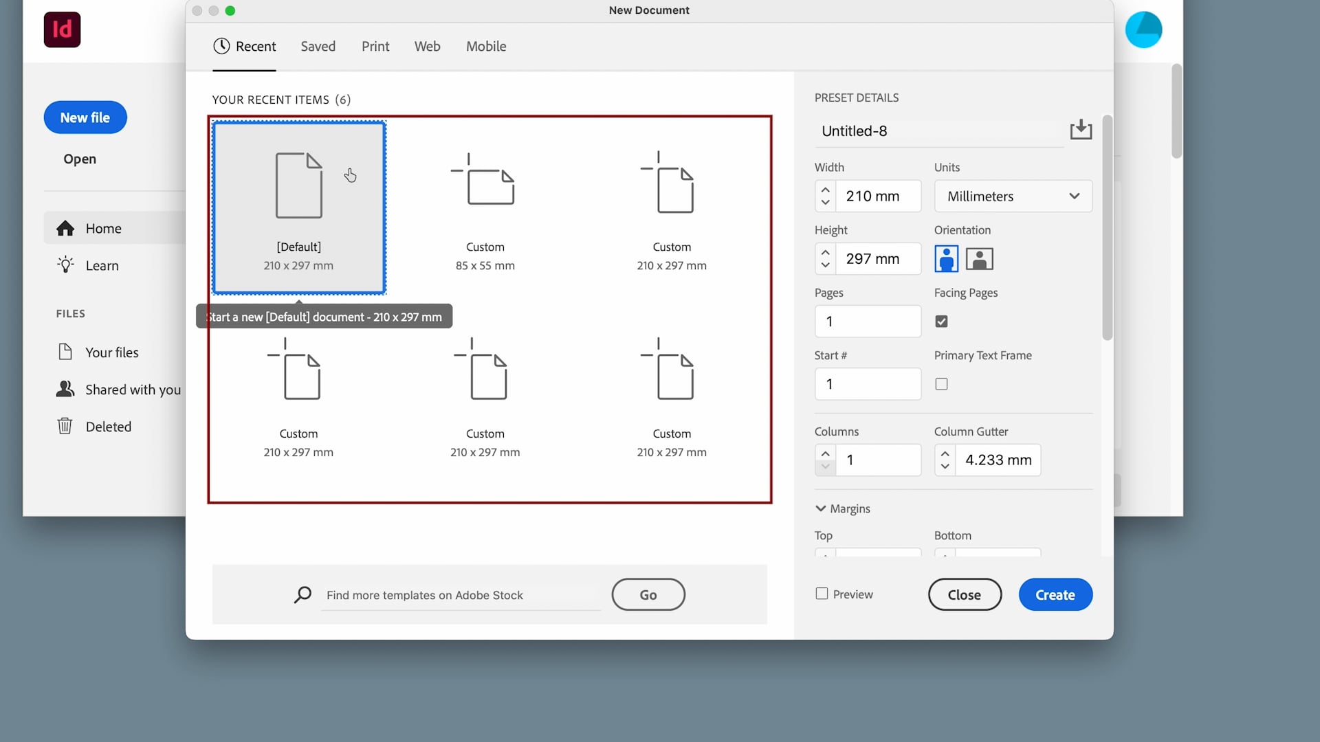 Setting up a custom sized document in InDesign