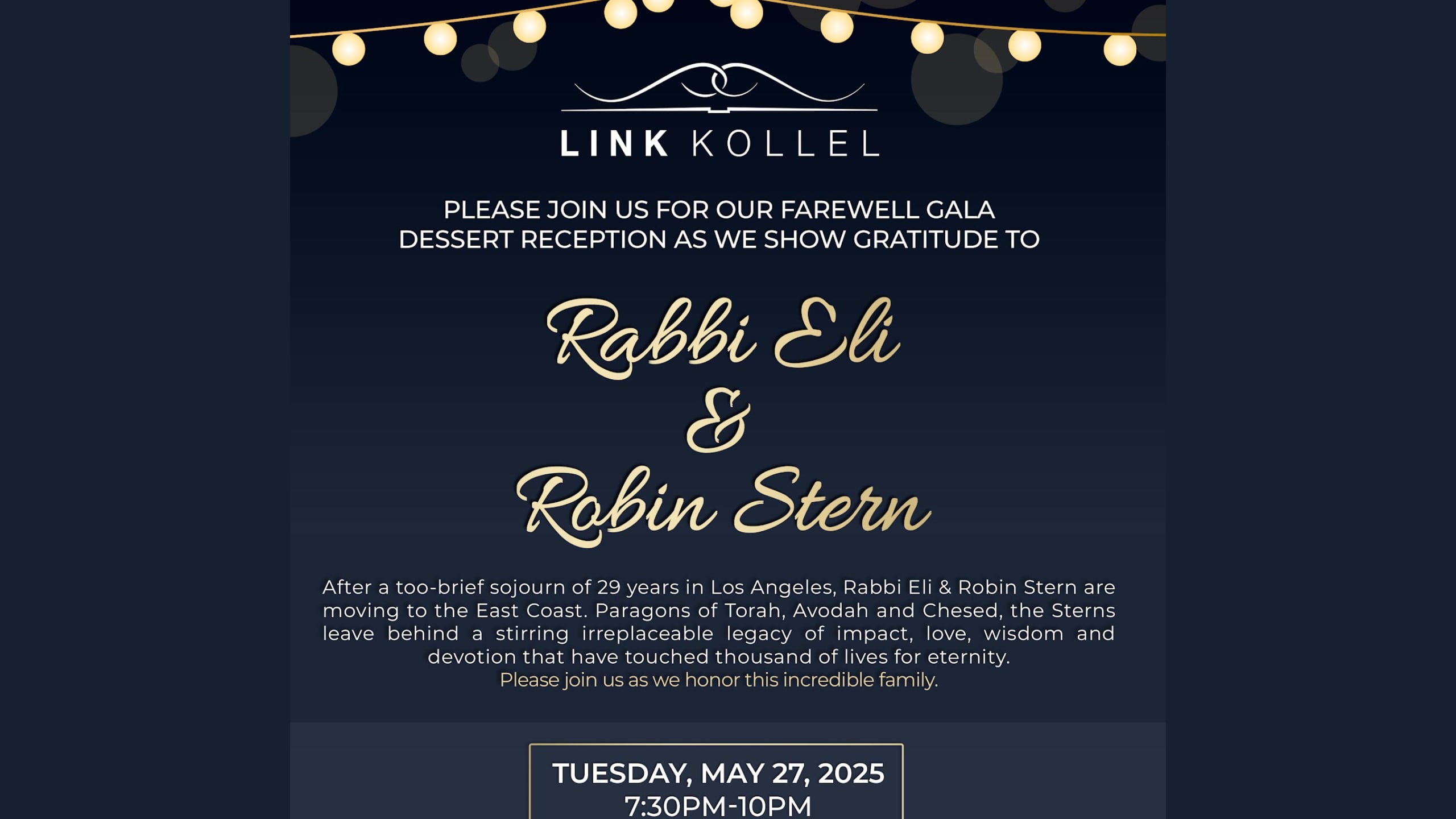 Rabbi Eli and Rebbitzin Robin Stern Farewell Gala Speeches and Video