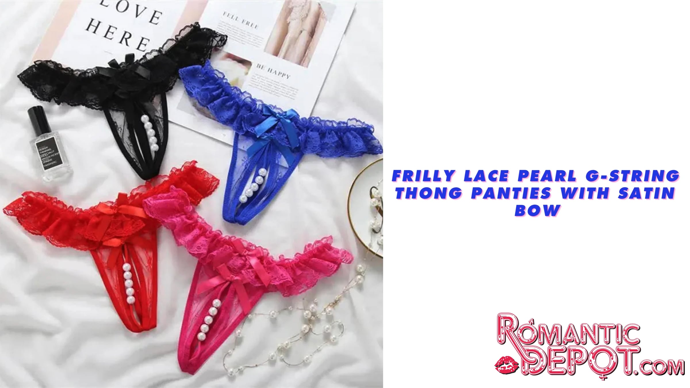 Frilly Lace Pearl G-String Thong Panties with Satin Bow