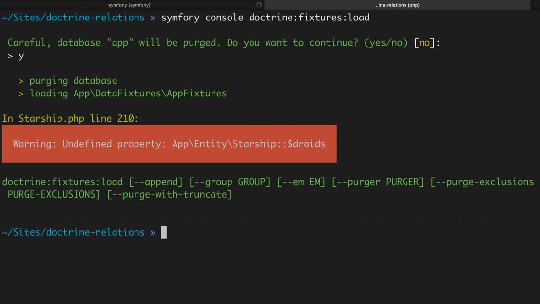 Re-adding addDroid(): Hide that Join Entity! > Symfony, Doctrine Relations & Warp Drive Basics ...