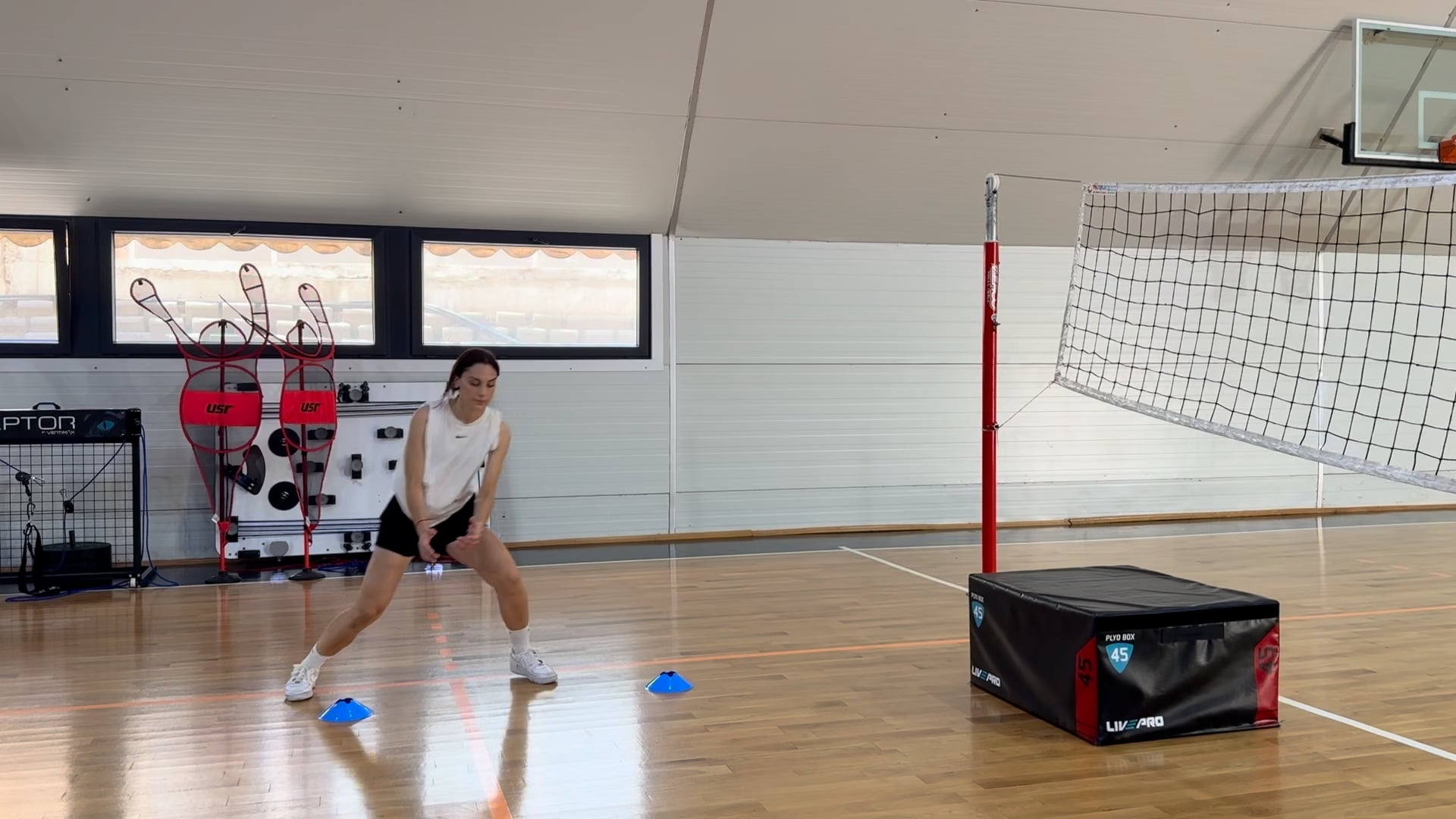 Lateral Cone Run, Spike Approach Jump, Quick Return to Box Spike Jump
