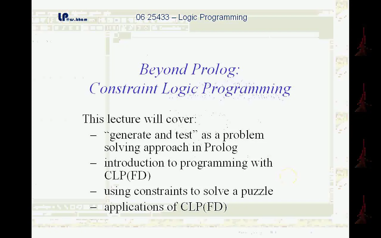 Logic Programming: 18 - Beyond Prolog: Constraint Logic Programming 2 ...