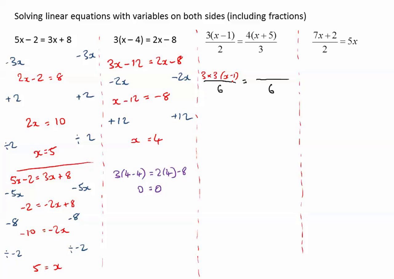 Solving linear equations with the variable on both sides and including ...