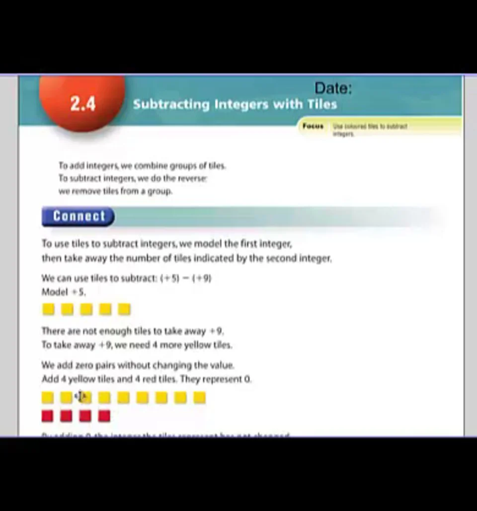 Math 7 - Unit 2.4 Subtracting Integers Using Tiles on Vimeo