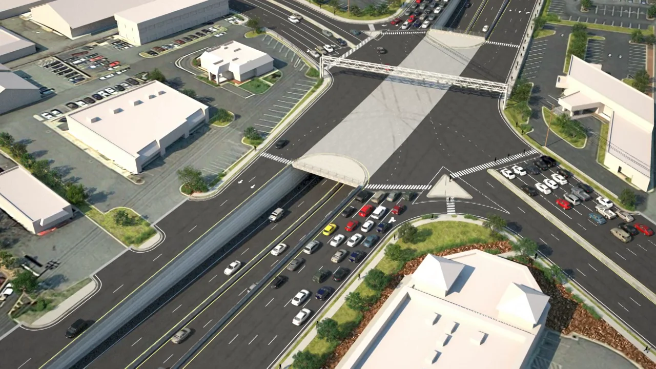 Video rendering of the planned grade-separated interchange at Rio Road ...