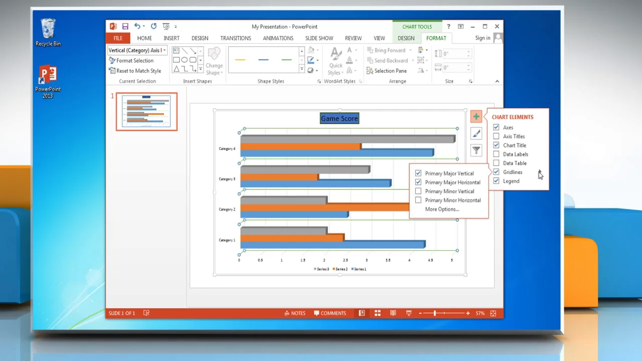 How to show and hide gridlines in bar graphs in Microsoft powerpoint 2013