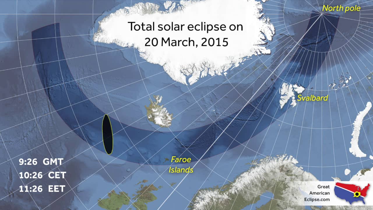 Total solar eclipse of March 20, 2015. Animated map of Moon's shadow on ...