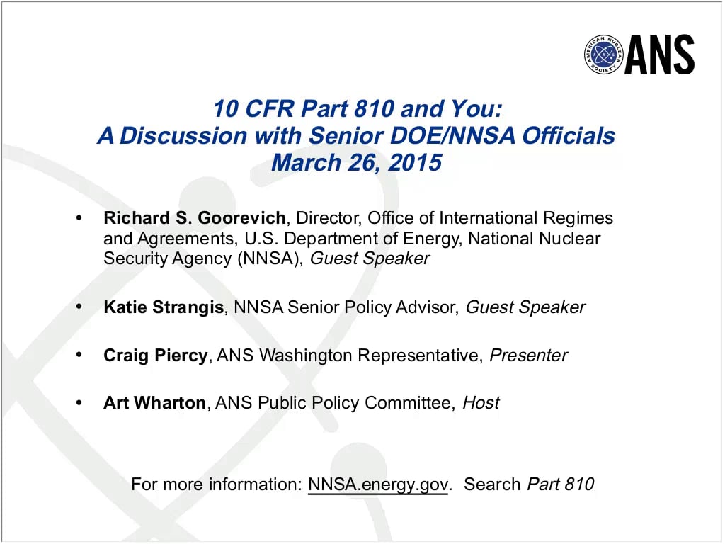 10 CFR Part 810 and You A Discussion with Senior DOENNSA Officials ...