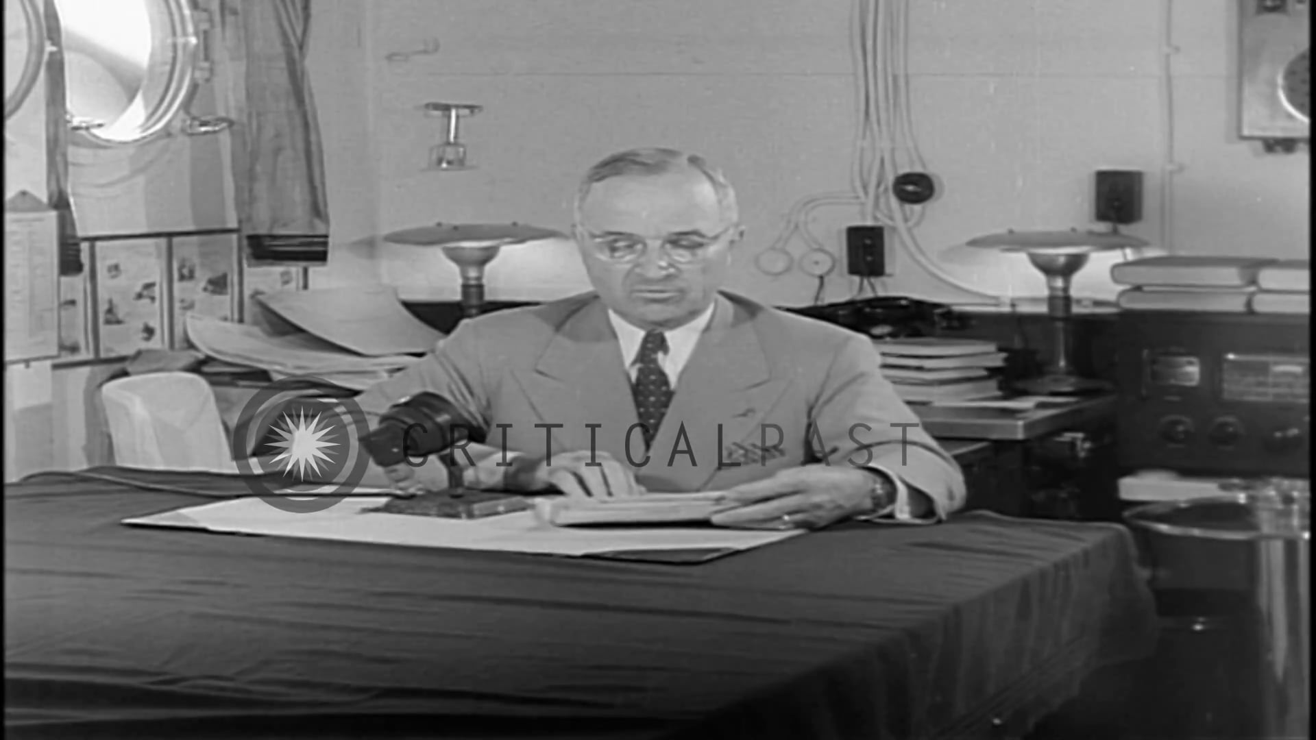 President Harry S. Truman reads prepared speech after dropping of ...