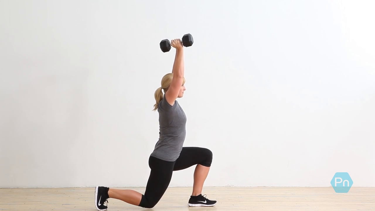 Women's Overhead Offset Dumbbell Reverse Lunge on Vimeo