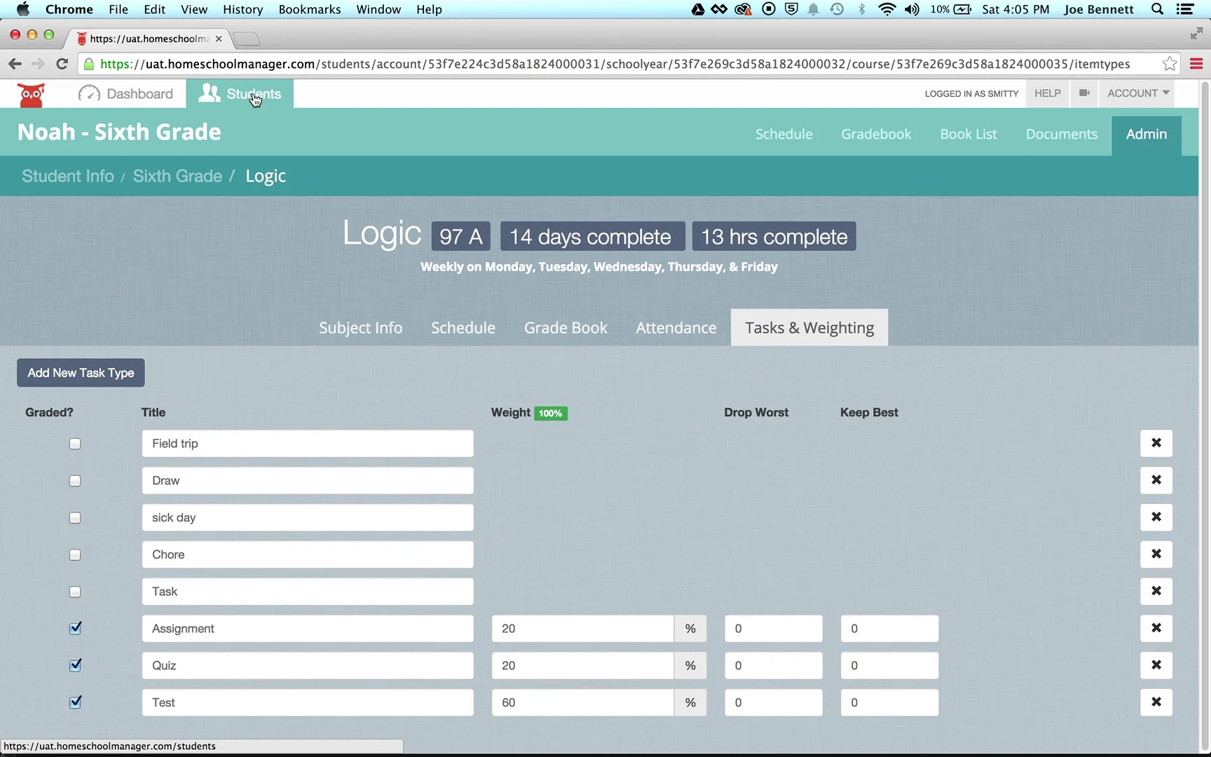 Task types and task weighting