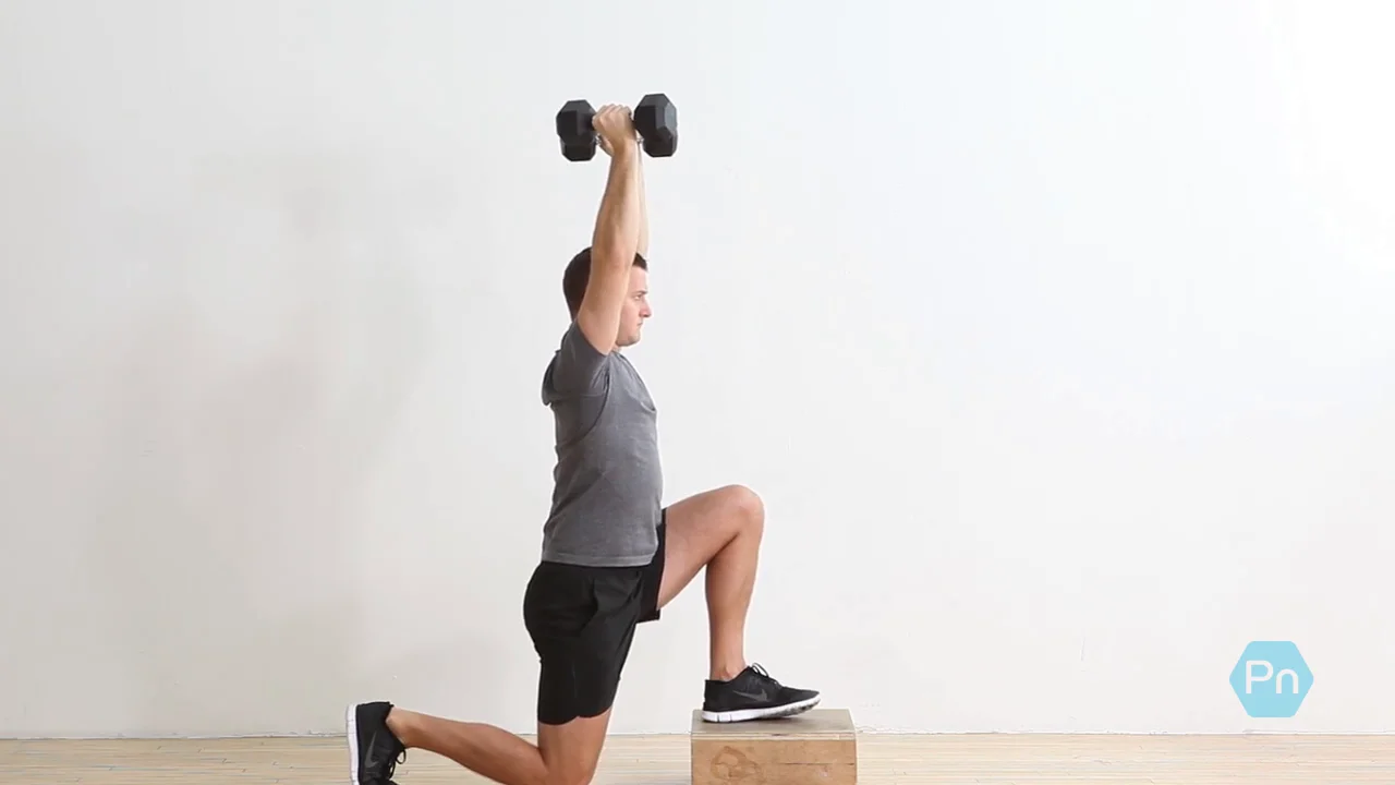 Men's Overhead Dumbbell Reverse Lunge From Deficit on Vimeo