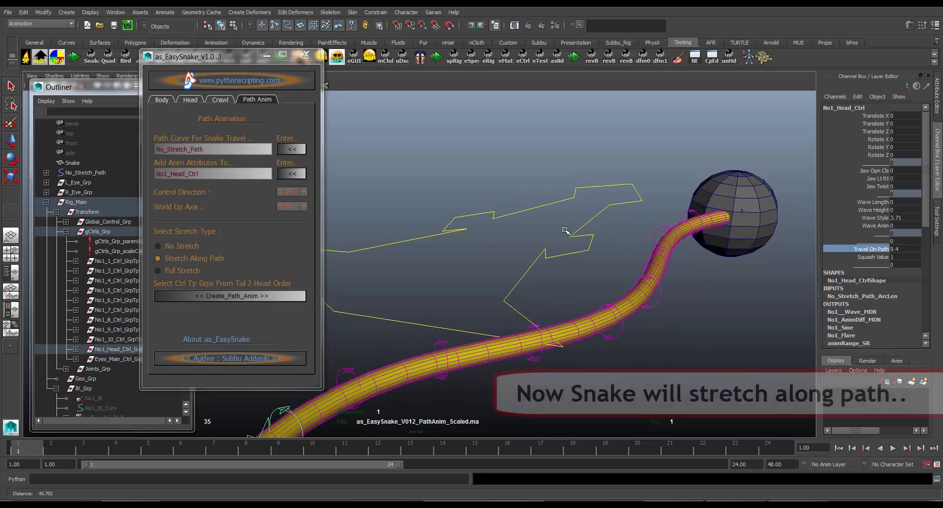 as_EasySnake : Auto Snake Rigging Tools - Travel On Path & Multiple Snakes