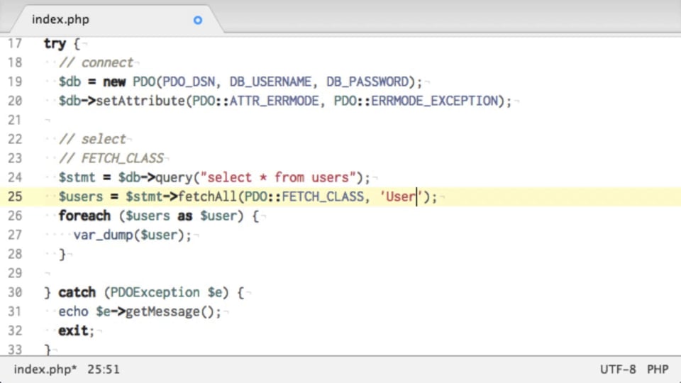 #11 PDO::FETCH_CLASSを使ってみよう | 【旧版】PHP5.6 データベース入門 - プログラミングならドットインストール