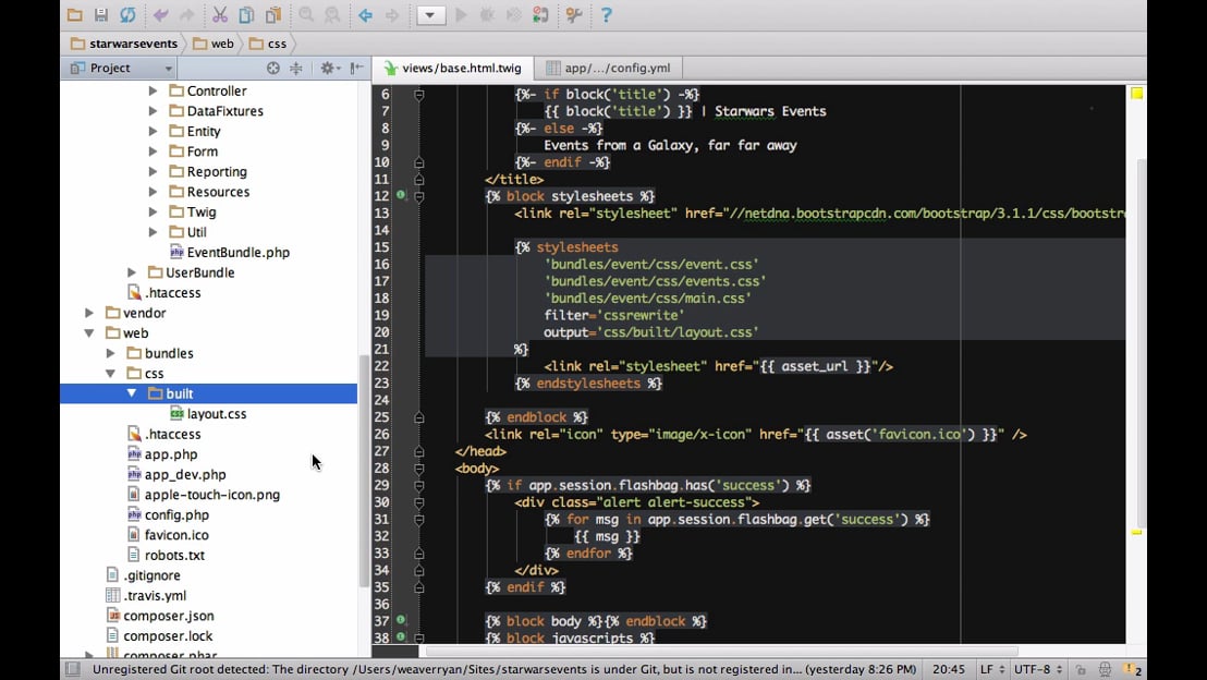 Combining and Minifying CSS & JS > Starting in Symfony2: Course 4 (2.4+) | SymfonyCasts