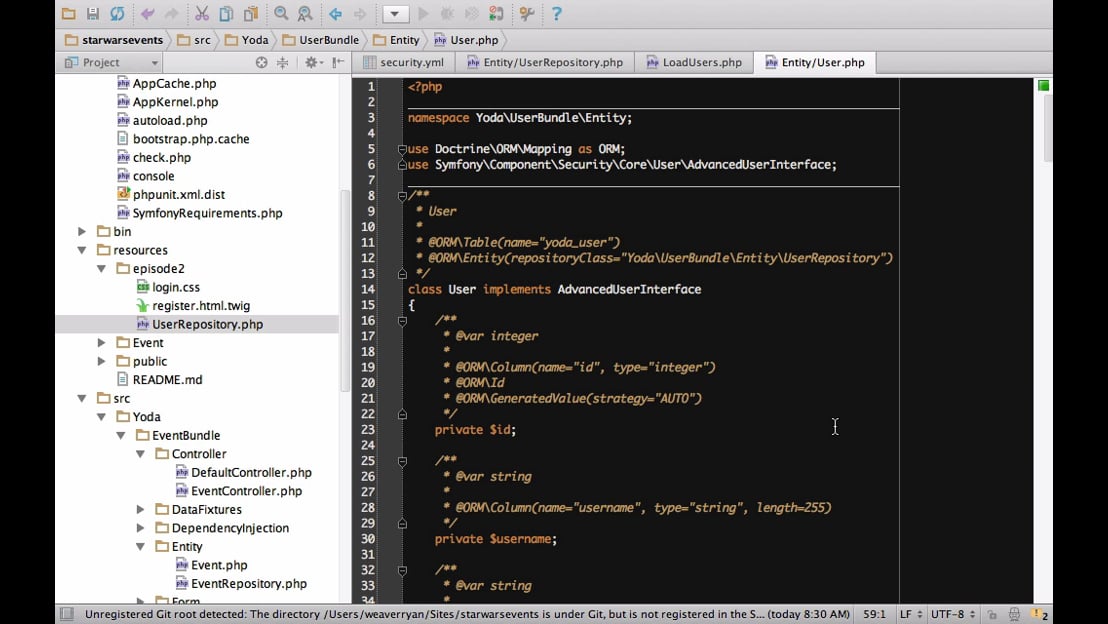 User Serialization > Starting in Symfony2: Course 2 (2.4+) | SymfonyCasts