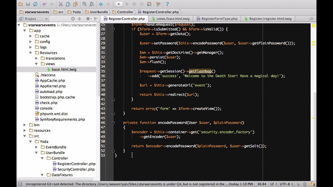 Automatically Authenticating after Registration > Starting in Symfony2: Course 2 (2.4 ...