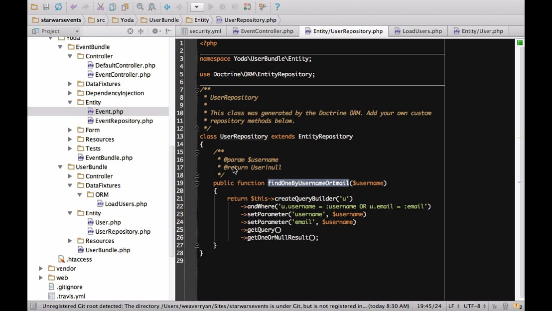 The UserProvider: Custom Logic to Load Security Users > Starting in Symfony2: Course 2 (2.4 ...